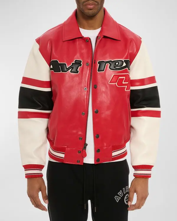 Avirex Legend Colorblock Leather Bomber Jacket - Salvage Red